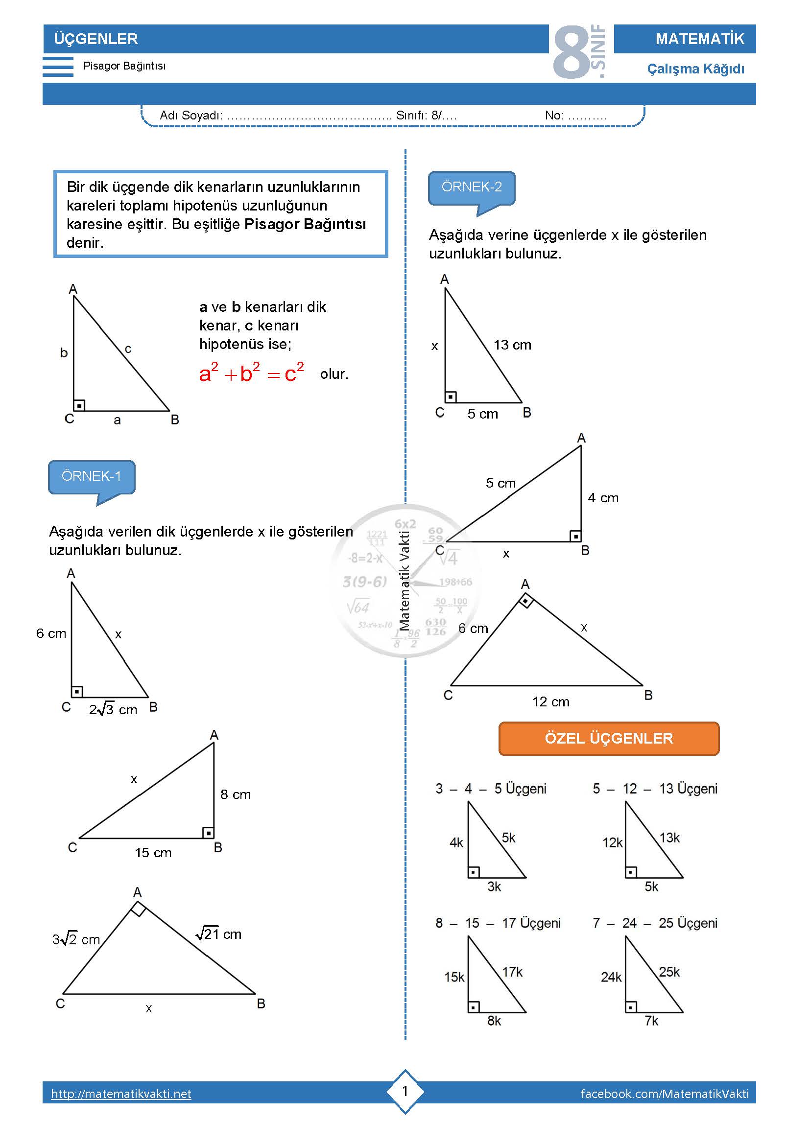 8.Sınıf Pisagor Bağıntısı Çalışma Kağıdı PDF İndir - Matematik Vakti 8.Sınıf Pisagor Bağıntısı Çalışma Kağıdı PDF İndir - Matematik Vakti