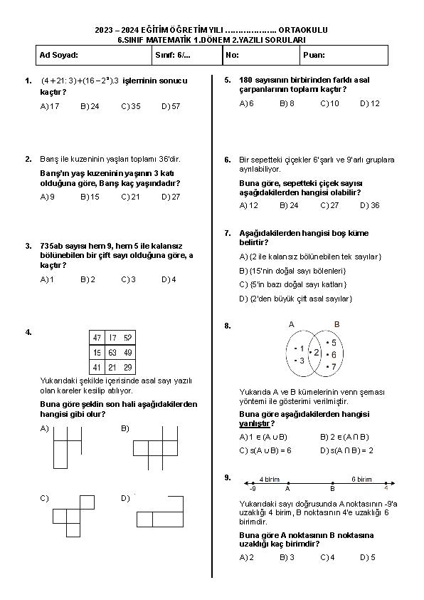 2023 2024 6 Sınıf Matematik 1 Dönem 2 Yazılı Soruları Matematik Vakti