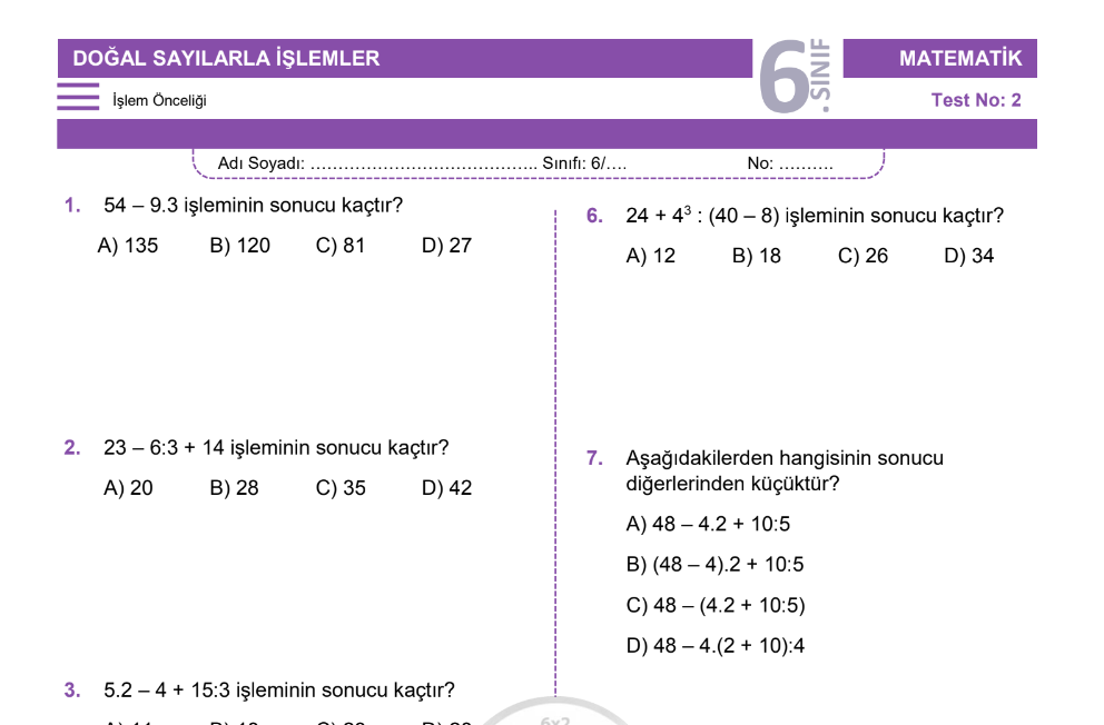 6.Sınıf İşlem Önceliği Testi PDF İndir - Matematik Vakti