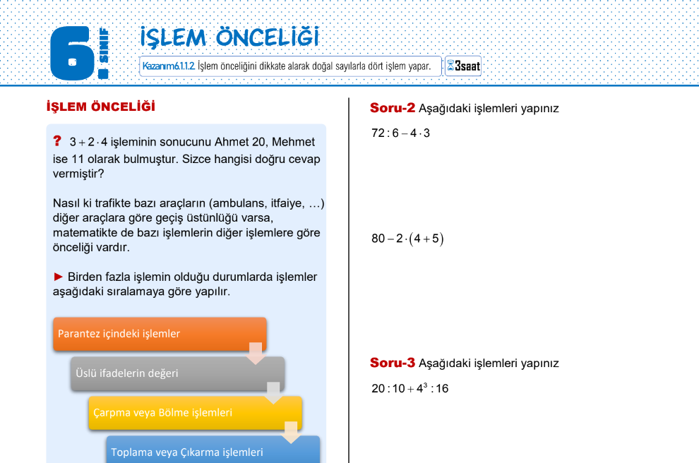 6.Sınıf İşlem Önceliği Çalışma Kağıdı - Matematik Vakti
