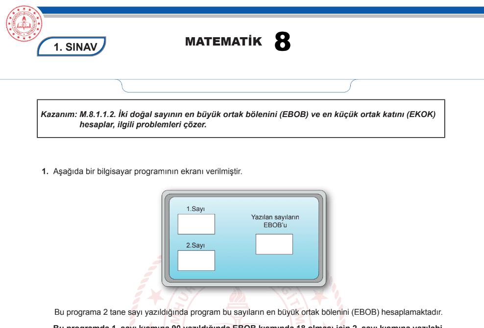 2024 – 2025 8.Sınıf Matematik 1.Dönem 1.Yazılı MEB Örnek Sınav ...