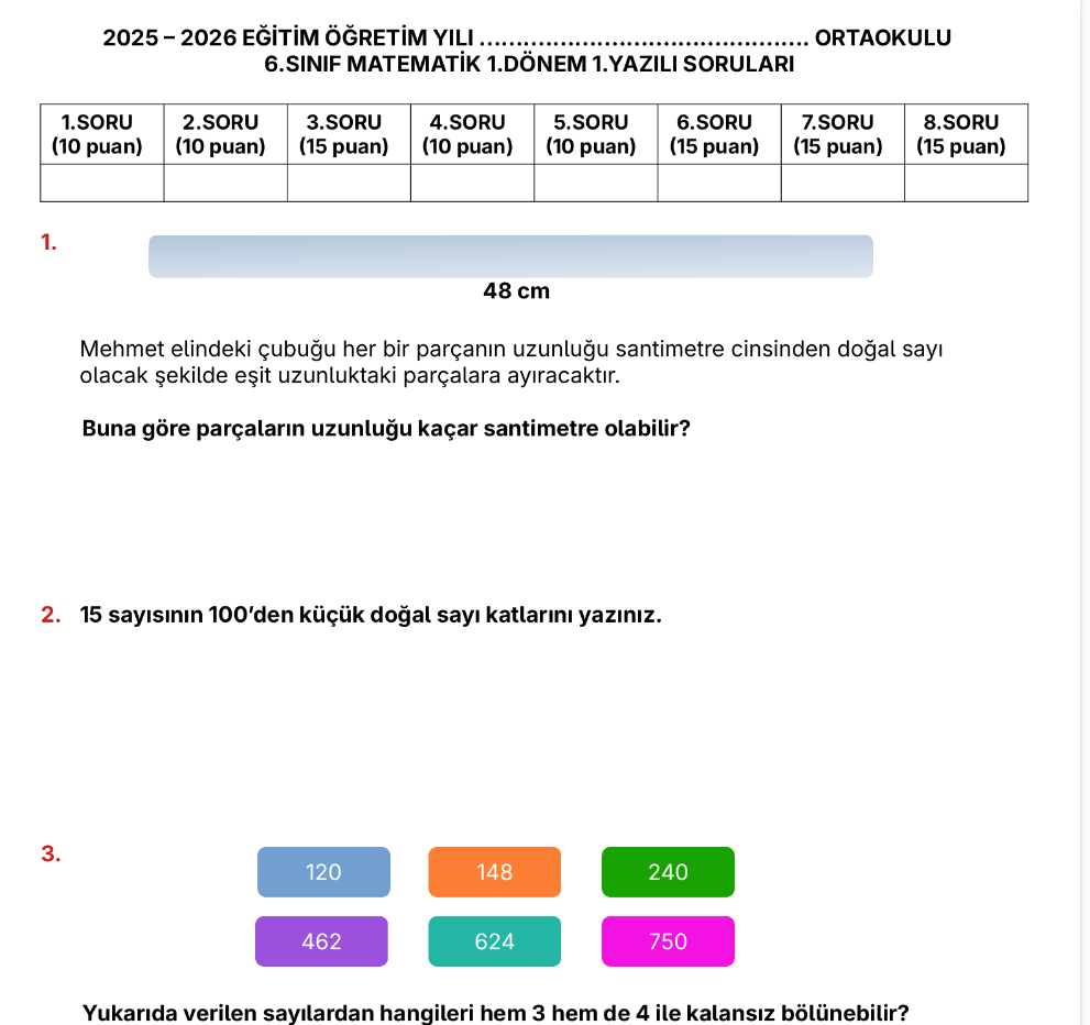2025 – 2026 6.Sınıf Matematik 1.Dönem 1.Yazılı Soruları - Matematik Vakti