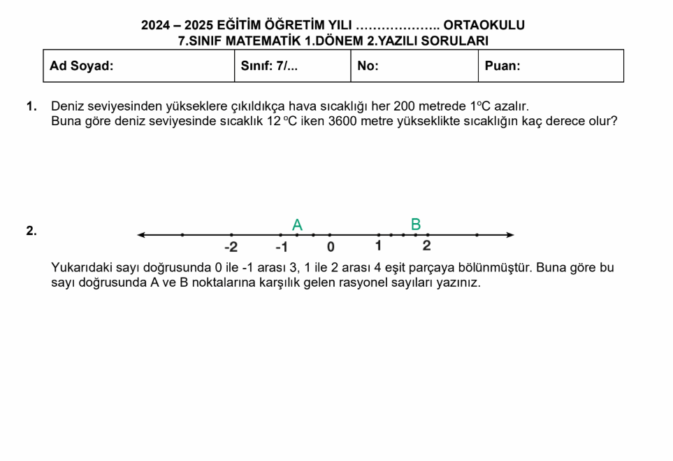 2024 – 2025 7.Sınıf Matematik 1.Dönem 2.Yazılı Soruları - Matematik Vakti