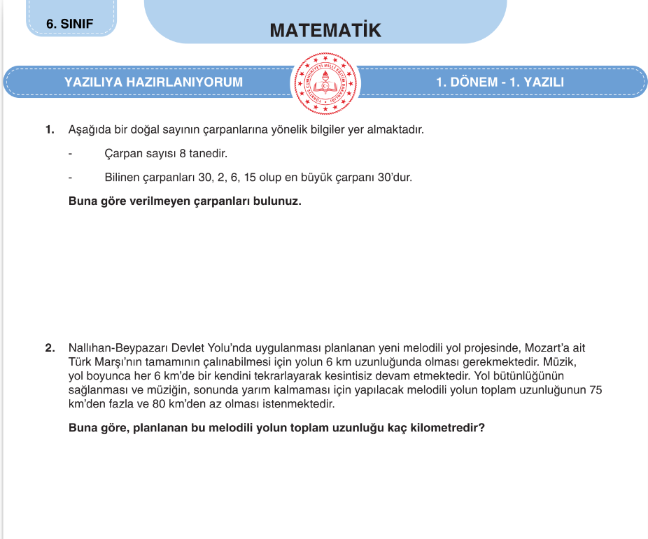 2025 – 2026 6.Sınıf Matematik 1.Dönem 1.Yazılı Soruları (MEBİ) - Matematik Vakti