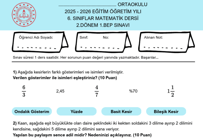 2025 - 2026 6.Sınıf Matematik 2.Dönem 1.Yazılı BEP Sınavı - Matematik Vakti