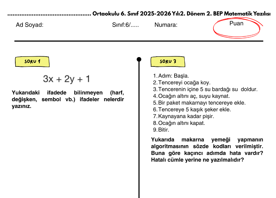 2025-2026 5.Sınıf Matematik 2.Dönem 2.Yazılı BEP Sınavı - Matematik Vakti